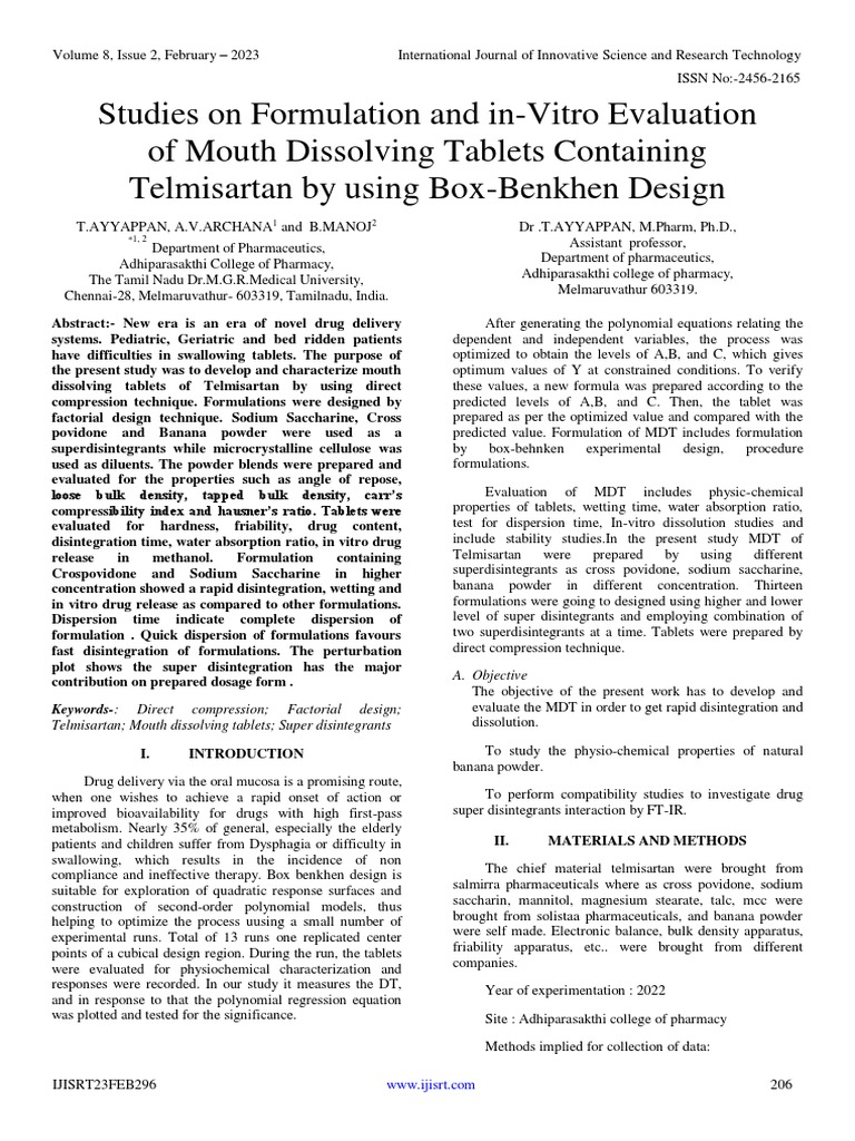 Formulation of Telmisartan MDTs | PDF | Pharmaceutical Formulation ...