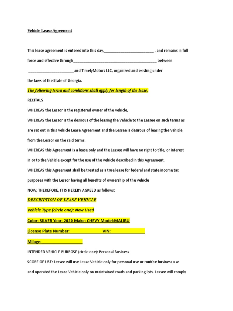 Vehicle Lease Agreement Summary | PDF | Lease | Indemnity