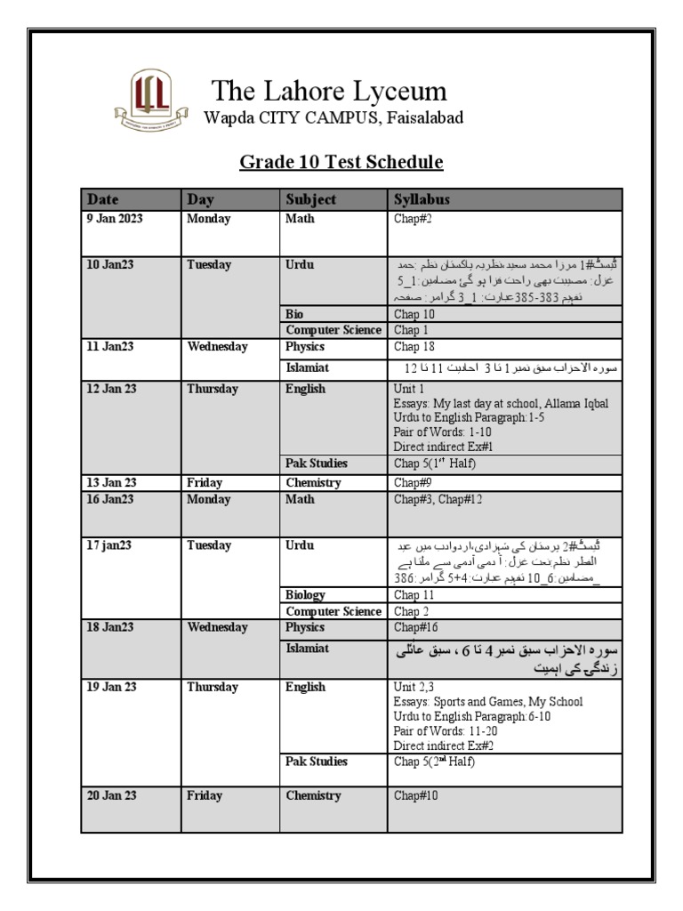 Class 10 Test Schedule. | PDF