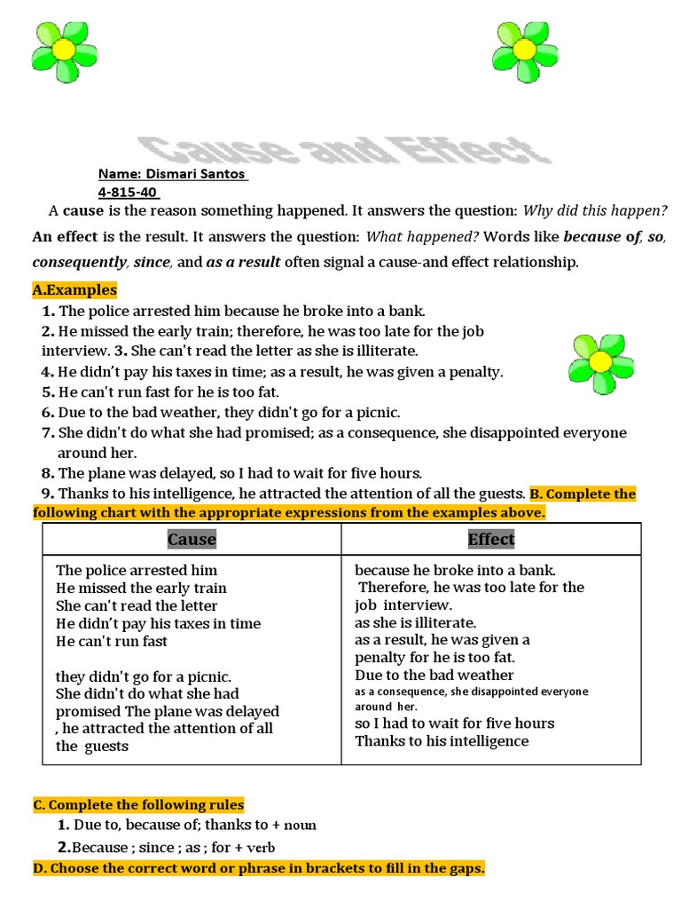 Cause and Effect Recognition Activities Grammar Drills - 1task | PDF ...
