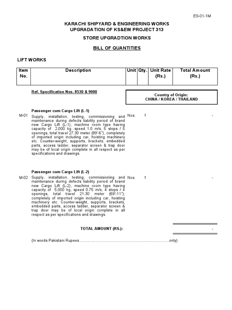 BOQ For Main Store Lifts | PDF