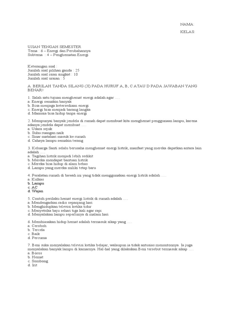 Latihan Soal Tematik Tema 6 | PDF | Sains & Matematika | Griya & Taman