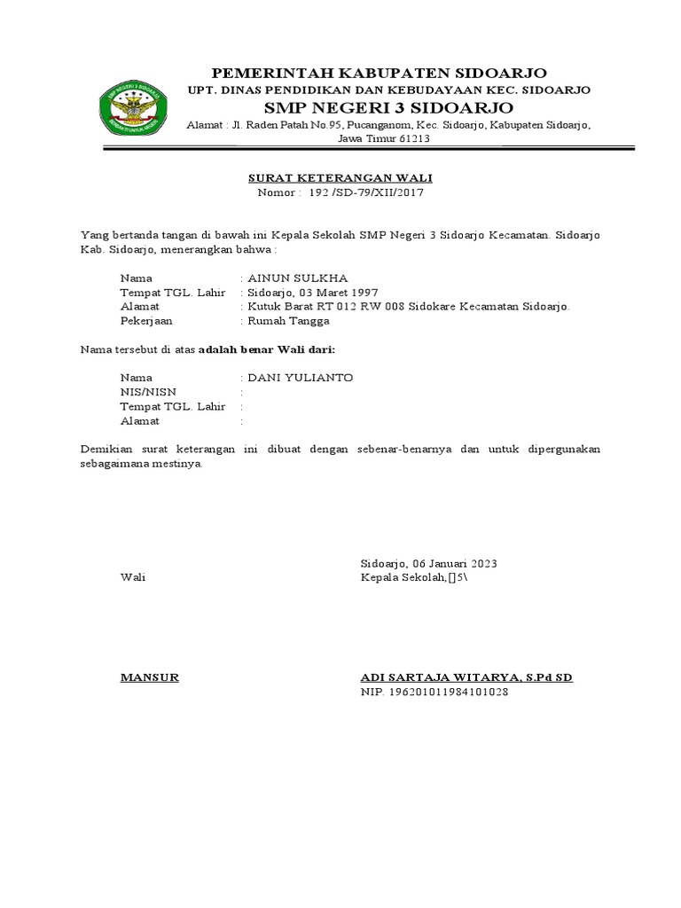 Surat Keterangan WALI MURID | PDF