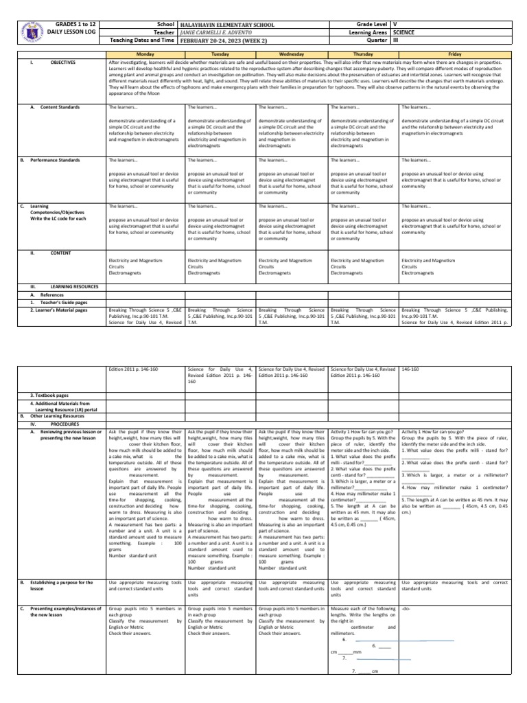 Grade 5 DLL SCIENCE 5 Q3 Week 2 | PDF | Weight | Mass