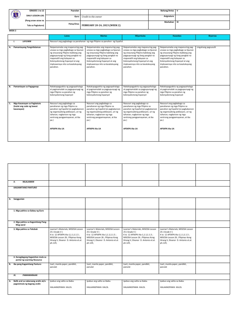 Grade 5 DLL Araling Panlipunan 5 Q3 Week 2 | PDF
