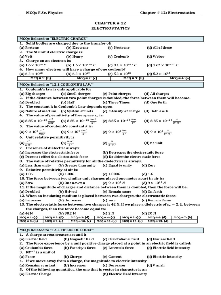 2ND YEAR PHYSICS Full Book Topical MCQS With ANSWERS | PDF | Capacitor ...