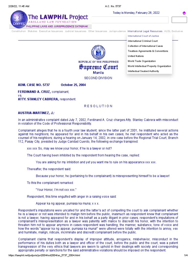 Misconduct Case Against Atty. Cabrera | PDF | Lawyer | Lawsuit