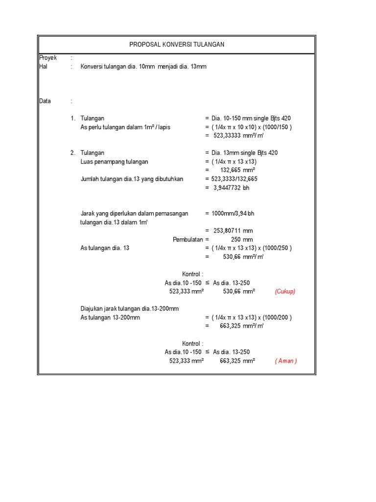Konversi Tulangan Dia.10mm Menjadi Dia. 13mm | PDF