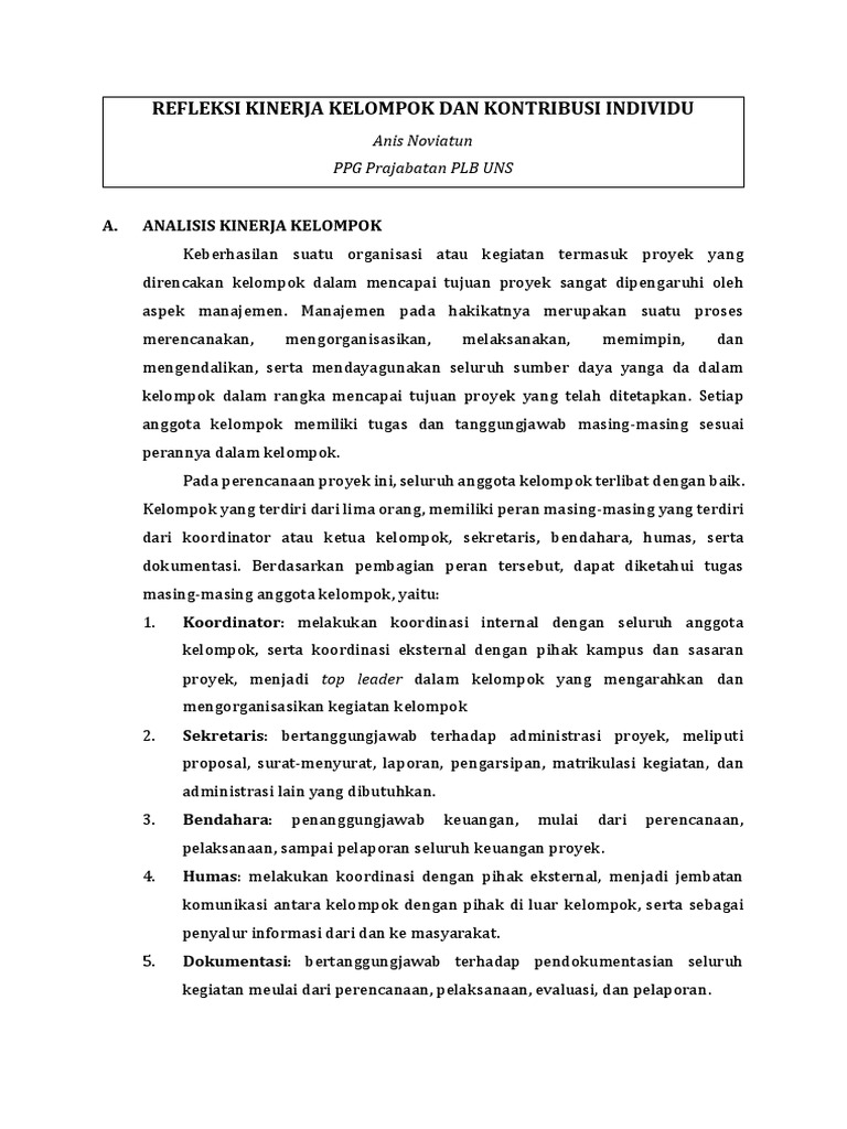 Refleksi Kinerja Kelompok Dan Kontribusi Individu | PDF