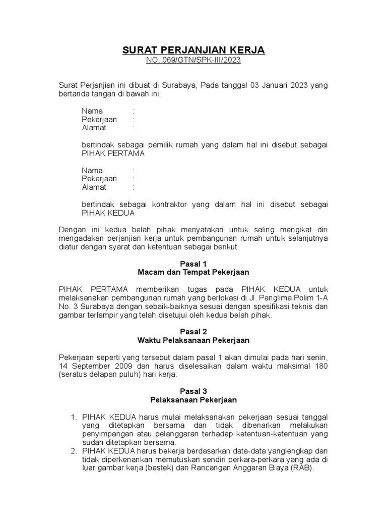 Surat Perjanjian Kontrak Kerja Proyek Pdf