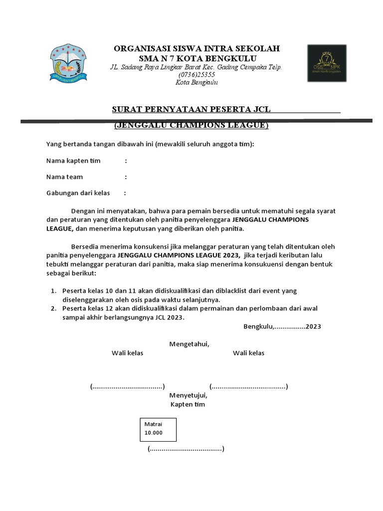 Surat Pernyataan JCL 2023 | PDF