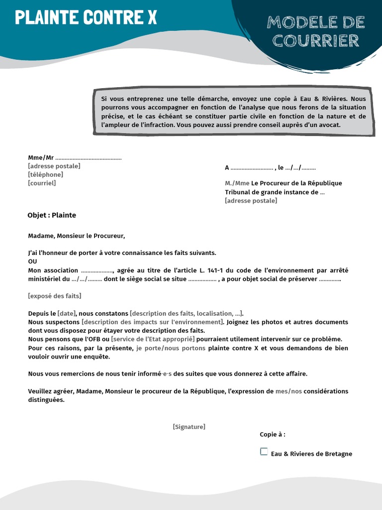 Modèle de plainte contre X | PDF | Plainte | Justice