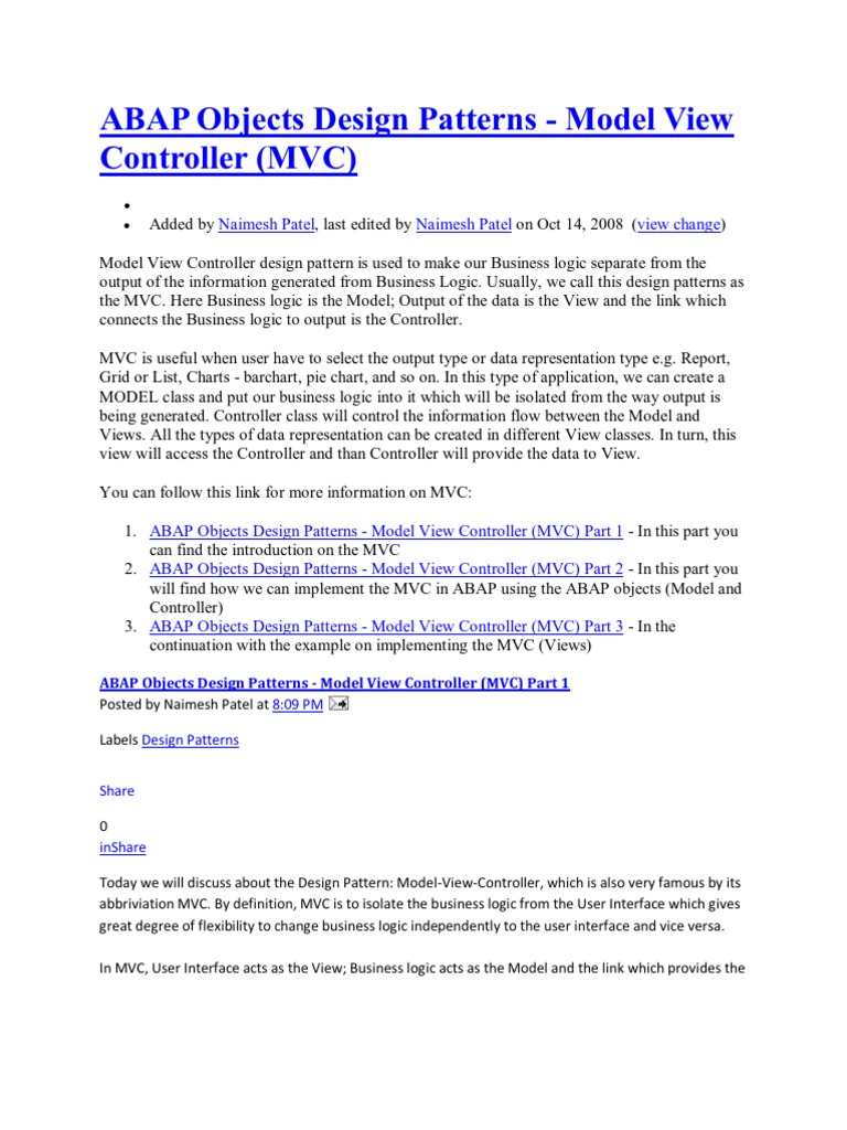 ABAP Objects Design Patterns (MVC and Singleton) | PDF | Model–View–Controller | Class (Computer ...