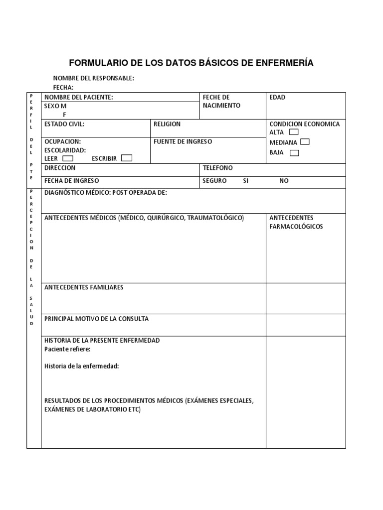 Perfil de salud del paciente: Formulario básico de datos de enfermería | PDF | Especialidades ...