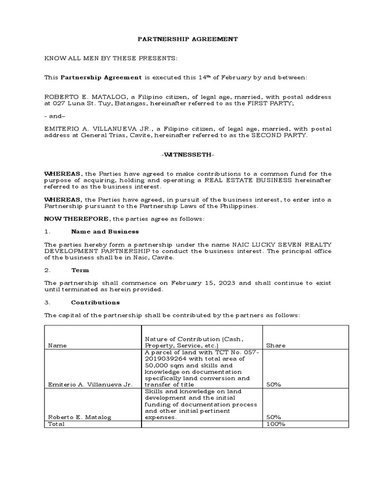 Partnership Agreement Pdf Partnership Interest