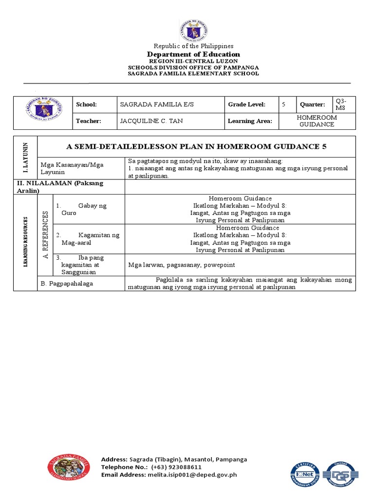 COT Lesson Plan Homeroom Guidance Grade 5 Q3 Module 8 | PDF