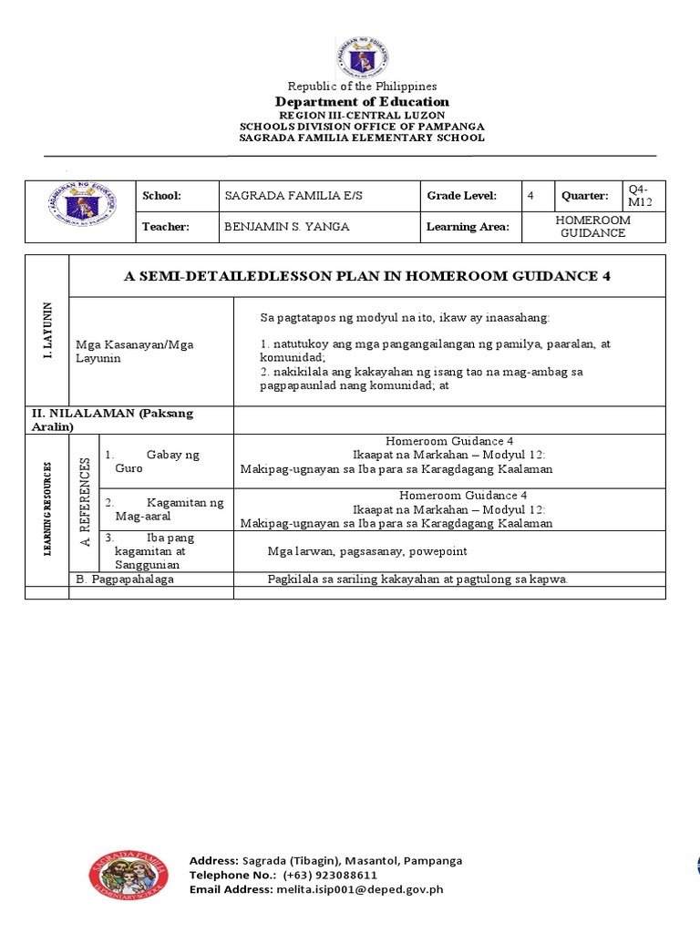 COT Lesson Plan Homeroom Guidance Grade 4 Q4 Module 12 | PDF
