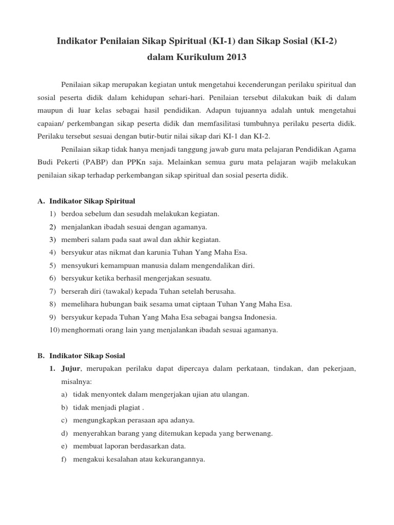 Indikator Penilaian Sikap KI-1 dan KI-2 | PDF | Karier & Perkembangan ...