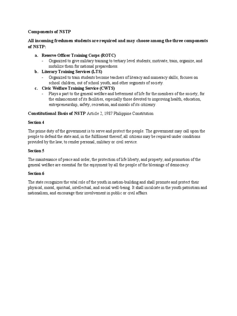 NSTP Components and Constitutional Basis | PDF | Social Science