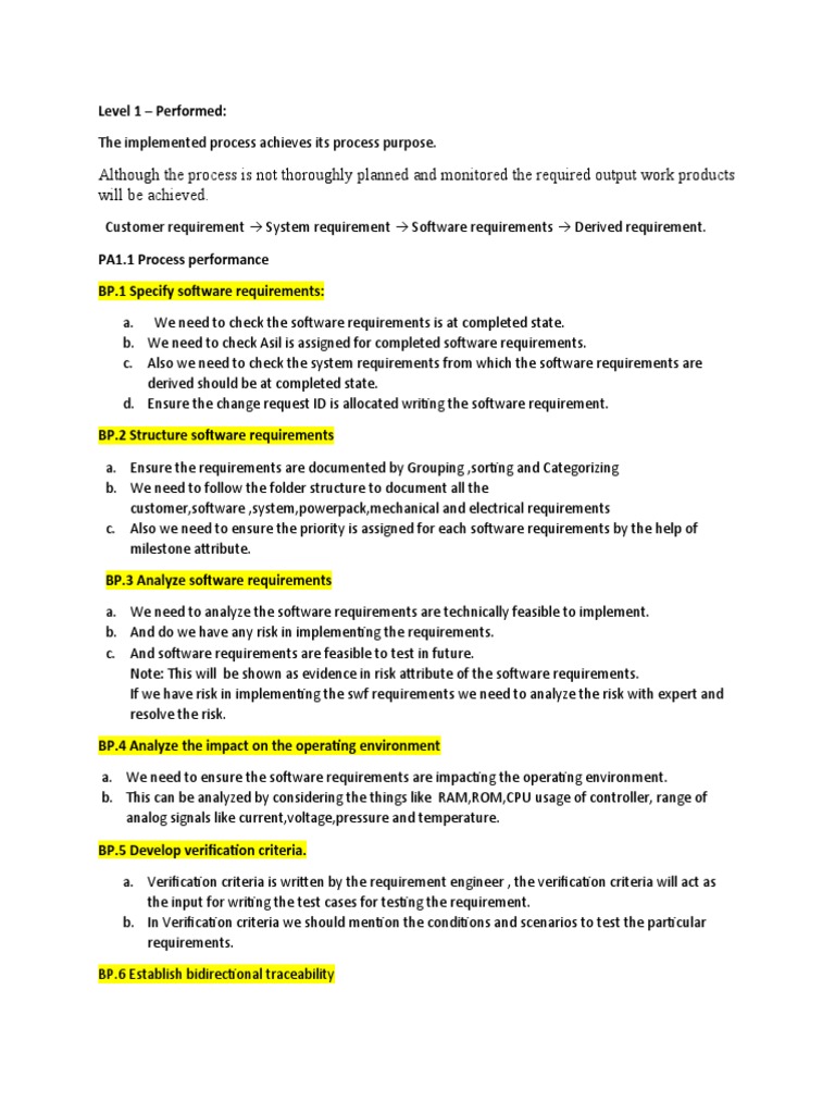 ASPICE Level 1 & 2 Software Requirements | PDF | Computers