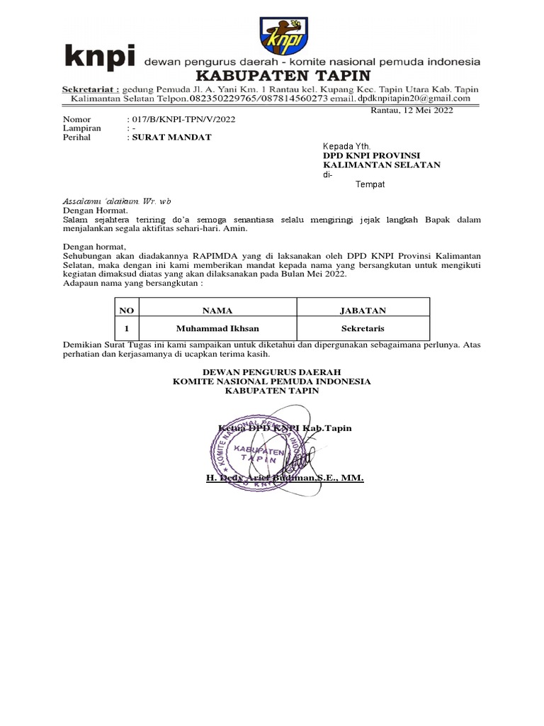 Contoh Surat Tugas KNPI | PDF