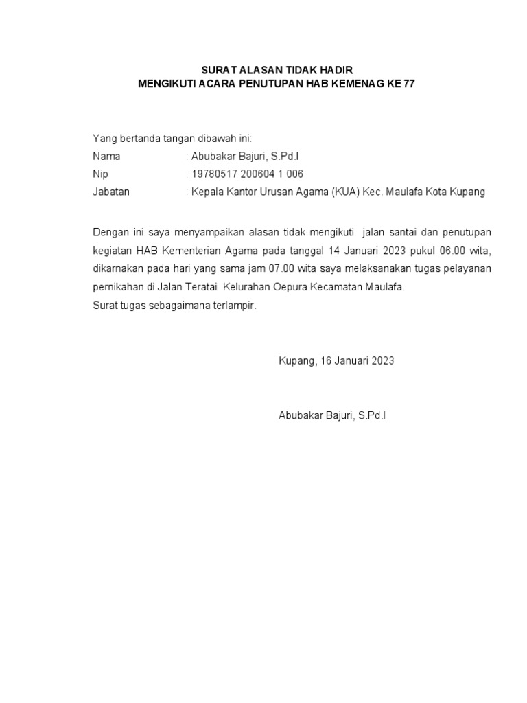 Surat Alasan Tidak Hadir | PDF