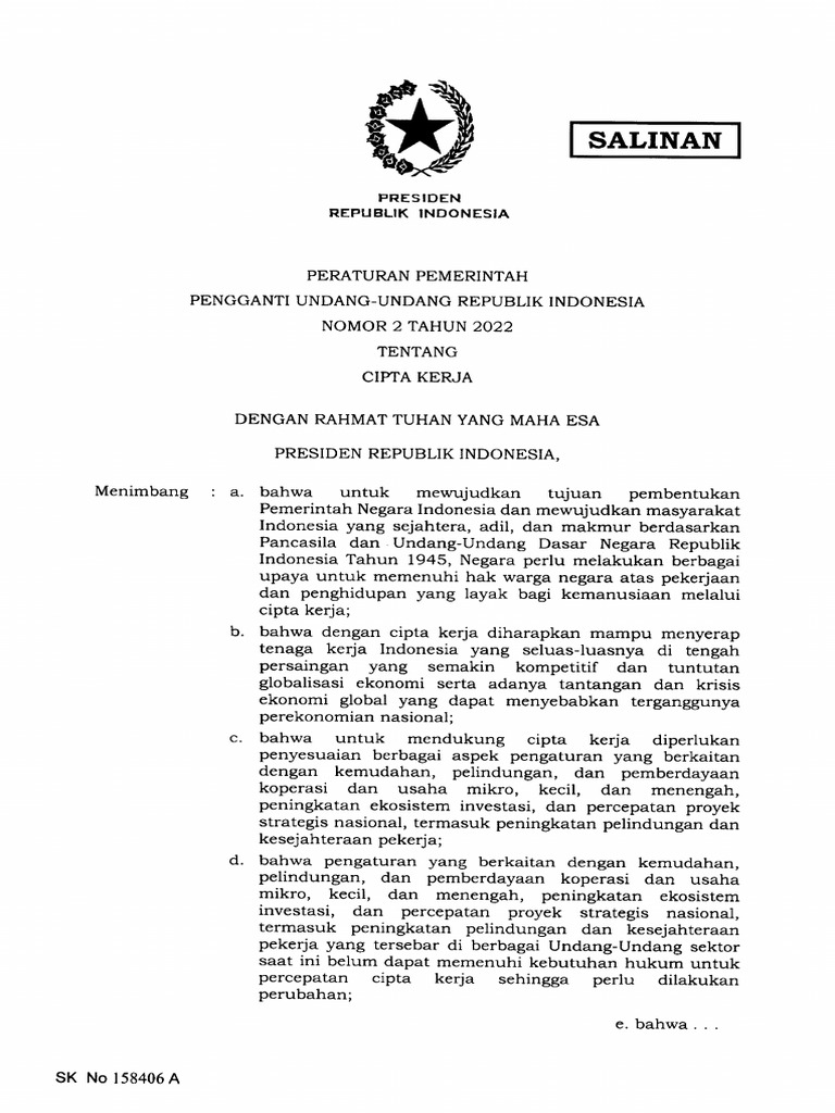 Perpu Cipta Kerja No. 2 Tahun 2022 | PDF