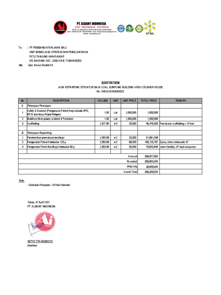 Quotation Repainting Steel Structure Crusher House | PDF