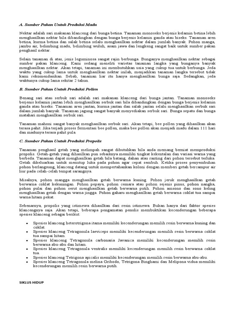 Sumber Pakan Klanceng untuk Madu | PDF