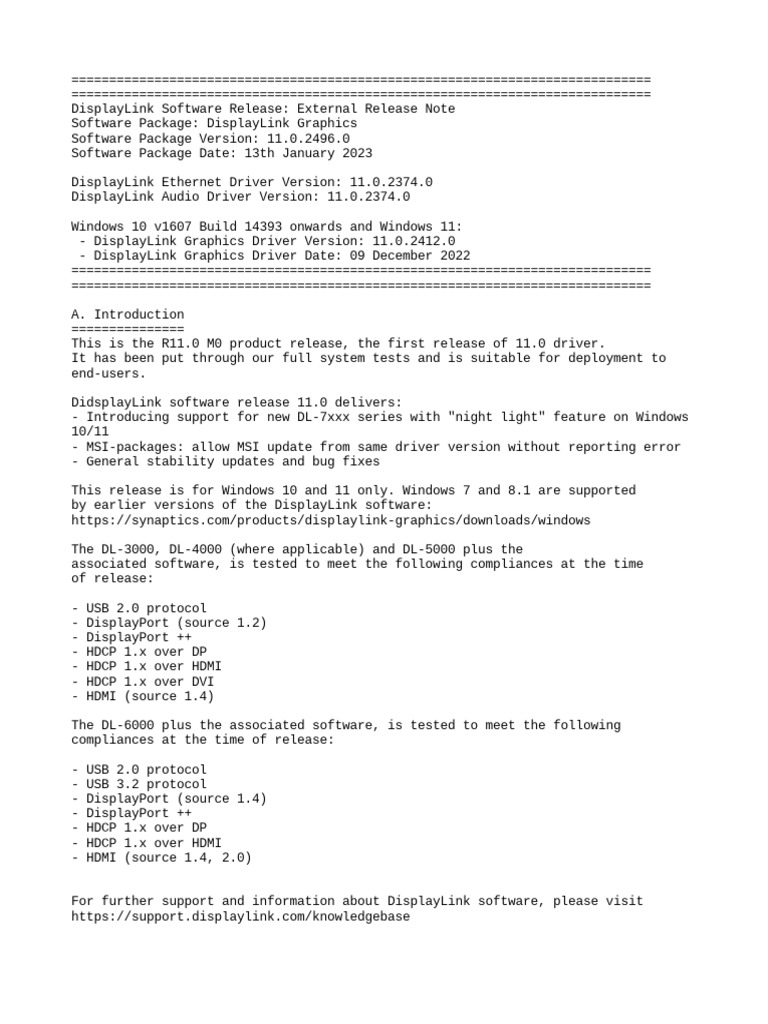 DisplayLink USB Graphics Software For Windows11.0 M0-Release Notes ...