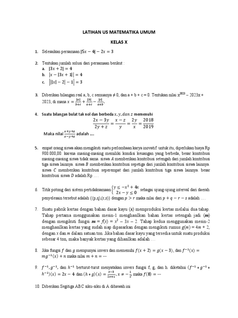 LATIHAN US MATEMATIKA UMUM Kelas X | PDF