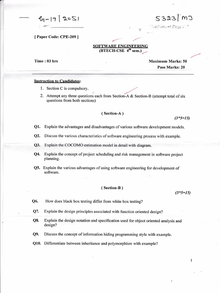 Software Engineering Question Paper Punjabi University Patiala | PDF ...