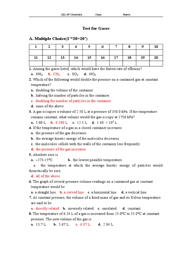 Test for Gases答案 | Download Free PDF | Gases | Mole (Unit)