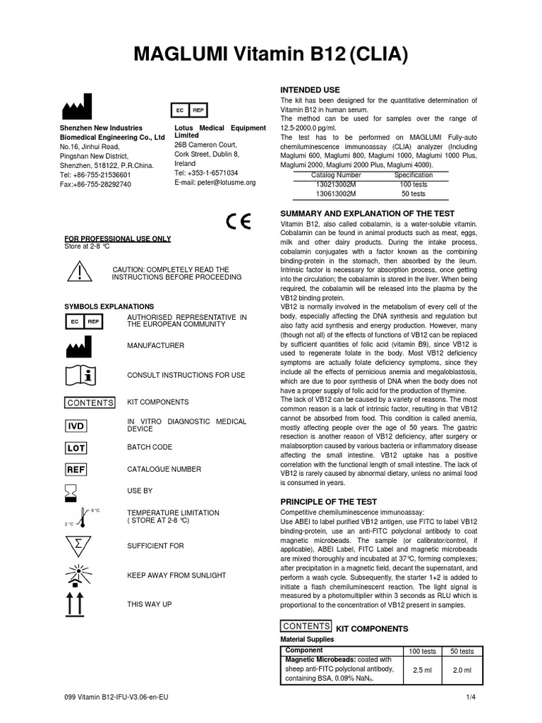 Vitamin B12 CLIA Test Kit Guide | PDF | Vitamin B12 | Coefficient Of ...