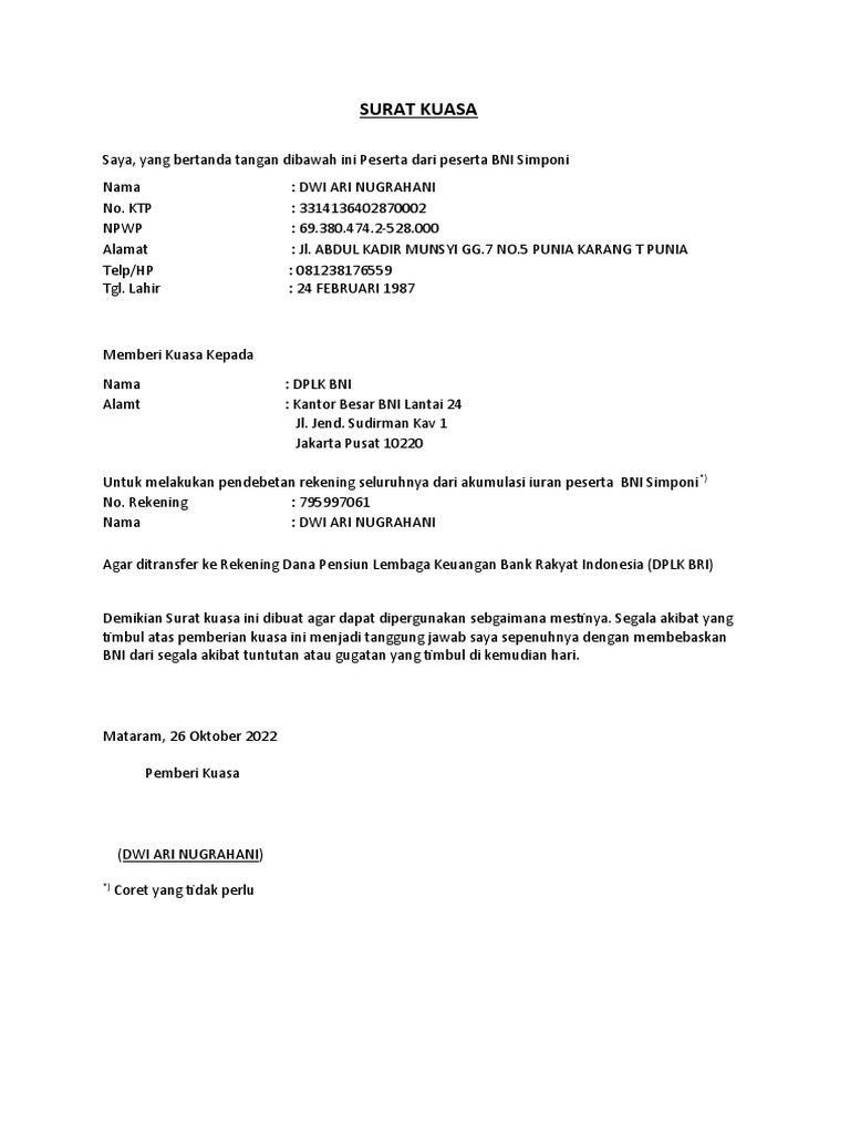 Form Surat Kuasa DPLK Bni | PDF | Pengelolaan Keuangan & Uang