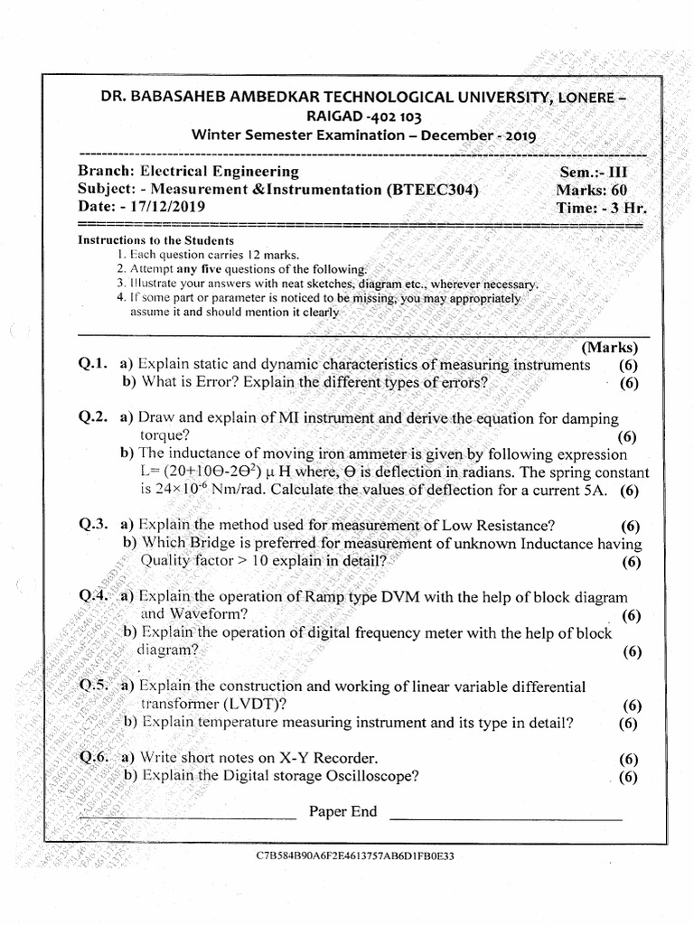 Btech Ee 3 Sem Measurement and Instrumentation Bteec304 Dec 2019 | PDF