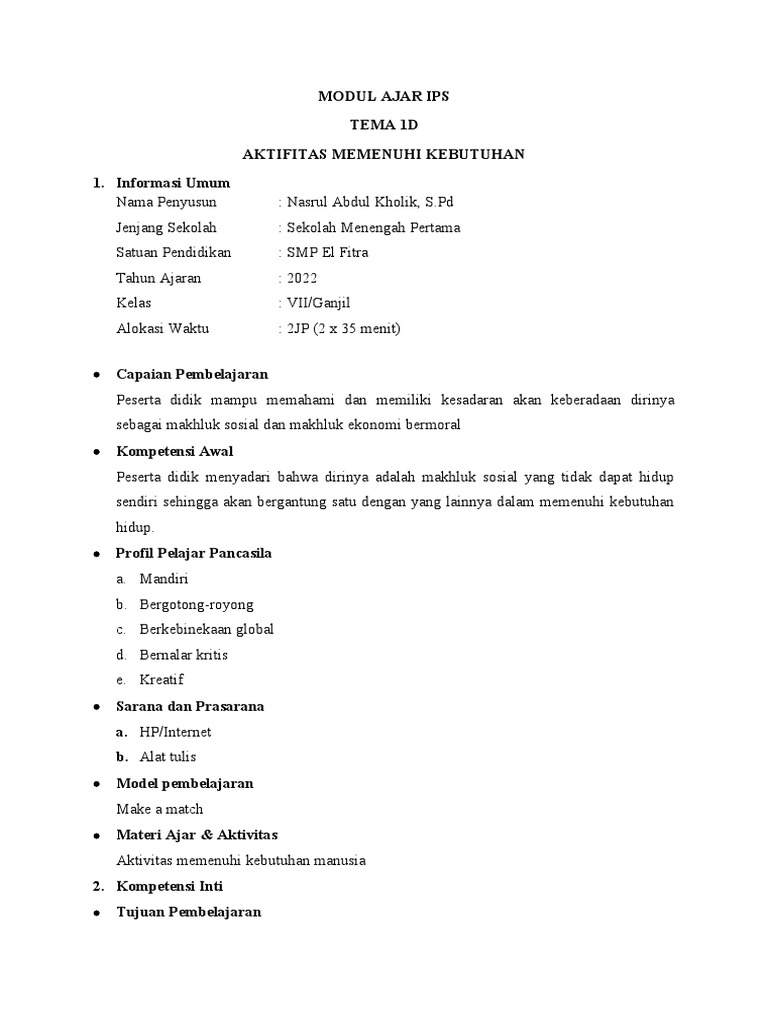 MODUL AJAR IPS TEMA 1D (Aktivitas Memenuhi Kebutuhan) | PDF