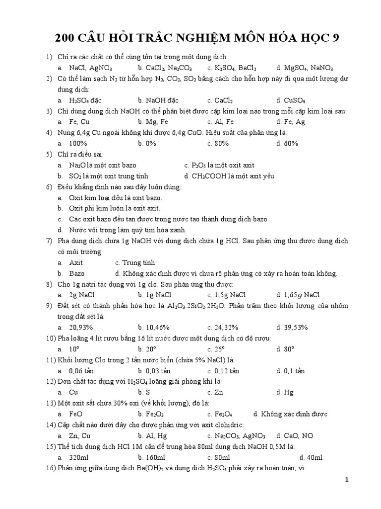 200 Cau Hoi Trac Nghiem Hoa 9 | PDF