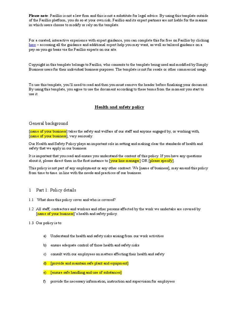 Health and Safety Policy Template Download | PDF | Occupational Safety And Health | Employment