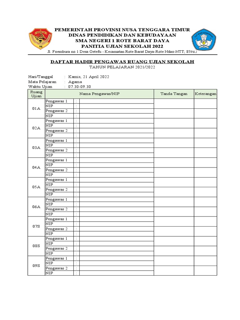 Daftar Hadir Pengawas Ruang | PDF