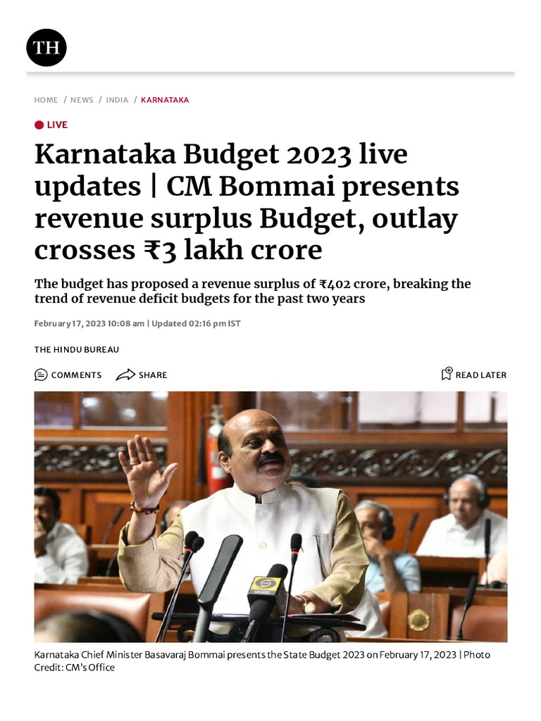 Karnataka Budget 2023 Live Updates - CM Bommai Presents Revenue Surplus ...