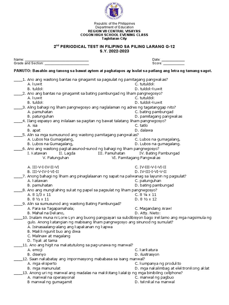 2nd PERIODICAL TEST IN Filipino Sa Larang | PDF