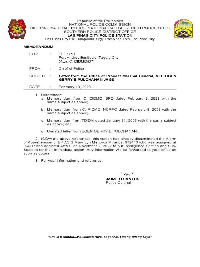 Letter From The Office of Provost Marshal General, AFP | PDF
