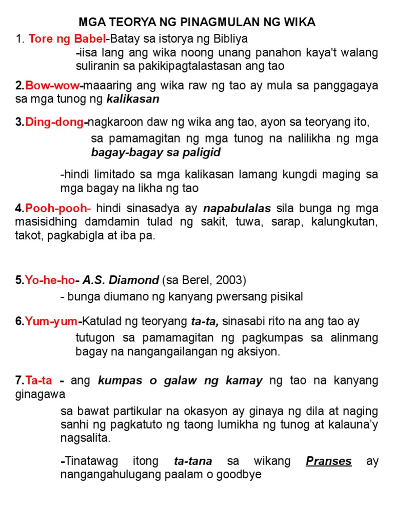 Mga Teorya NG Pinagmulan NG Wika | PDF