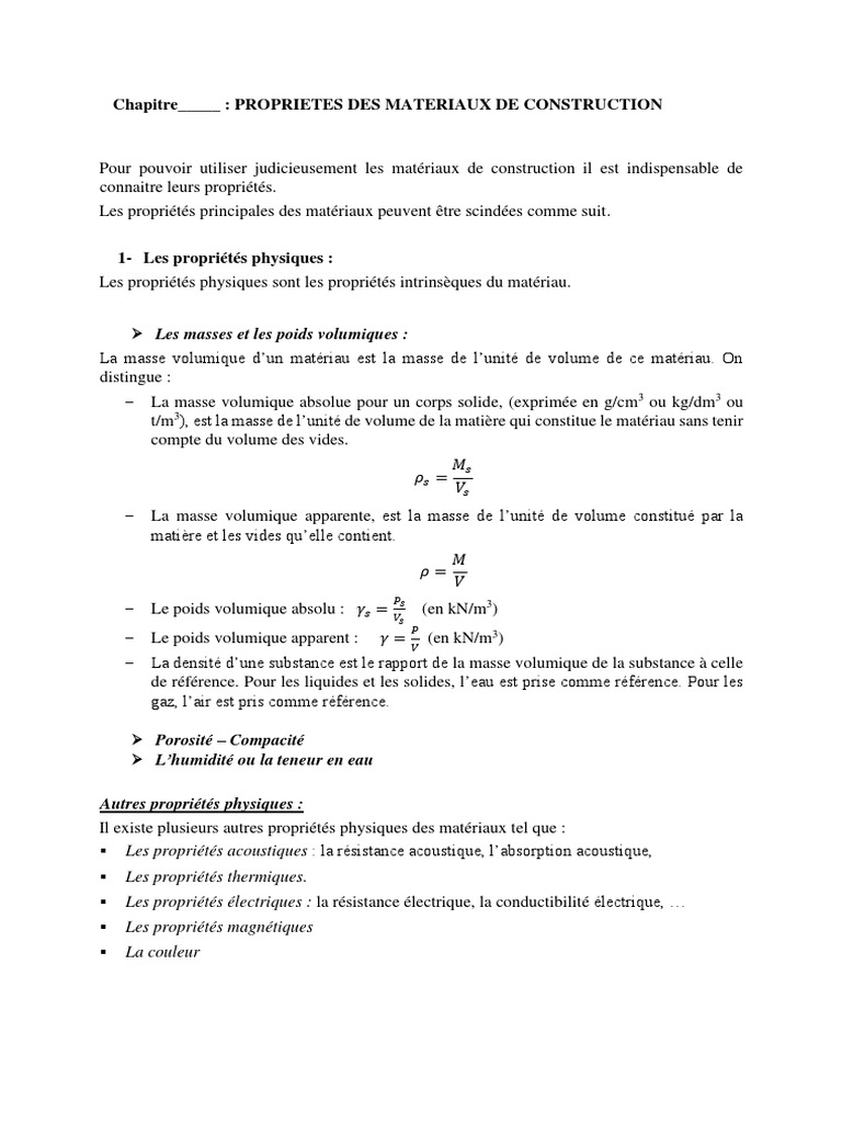 Propriétés des matériaux de construction | PDF | Densité | Résistance ...