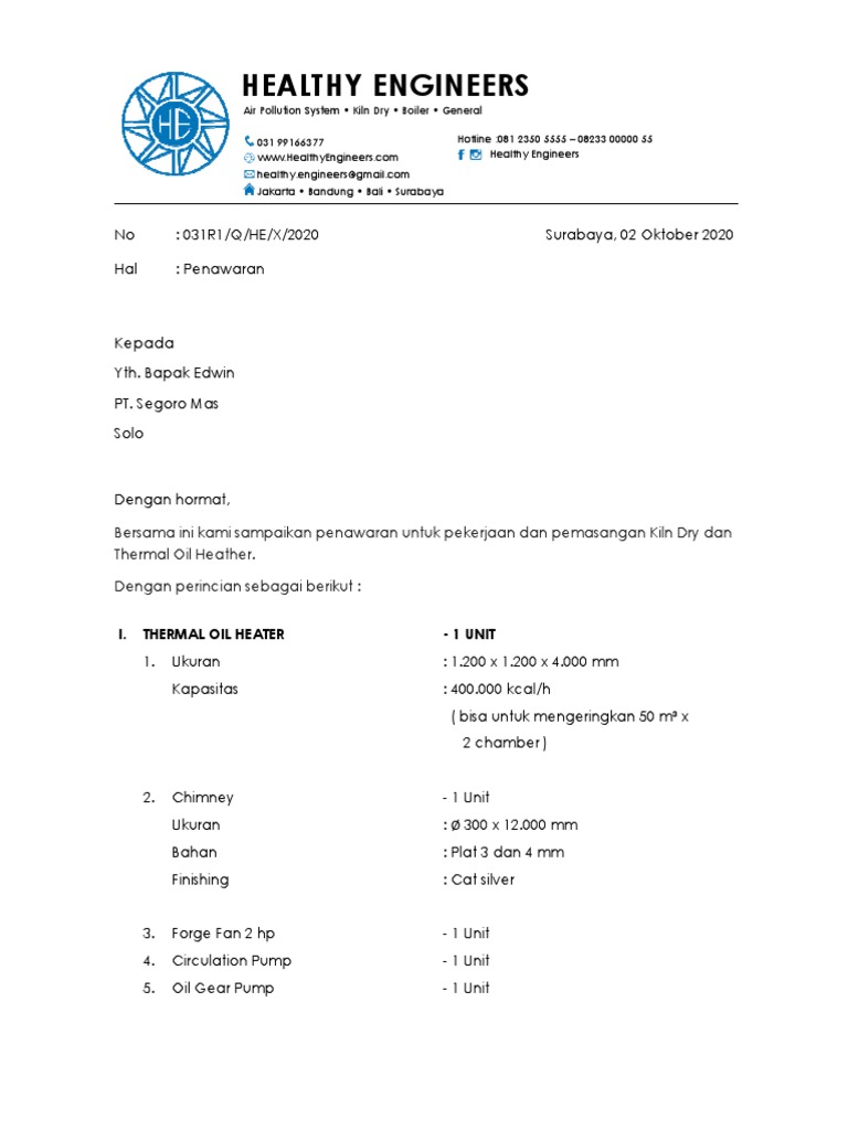 He Penawaran 2020#031r1 - Kiln Dry Dan Thermal Oil Heater (Pt. Segoro Mas. Solo) | PDF
