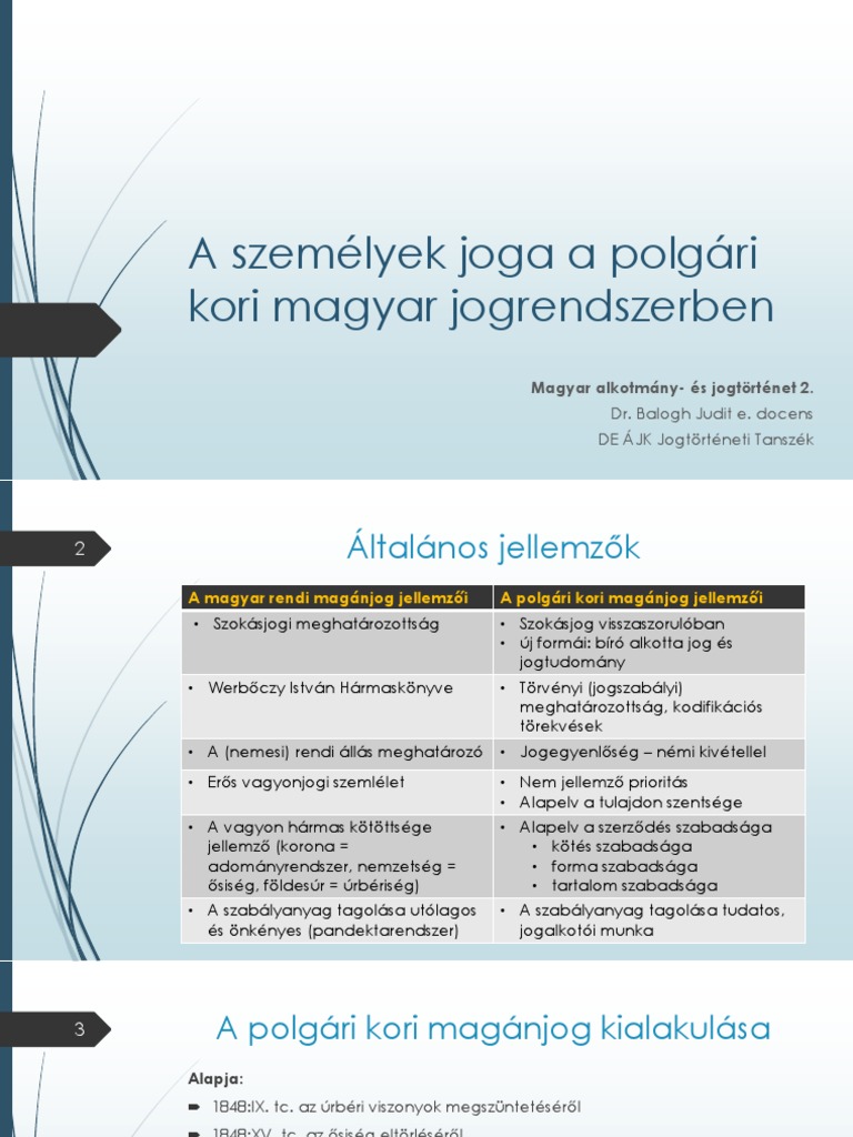 A Pogári Kori Magyar Jogrendszer Kialakulása, Ált Jell És A Személyek ...