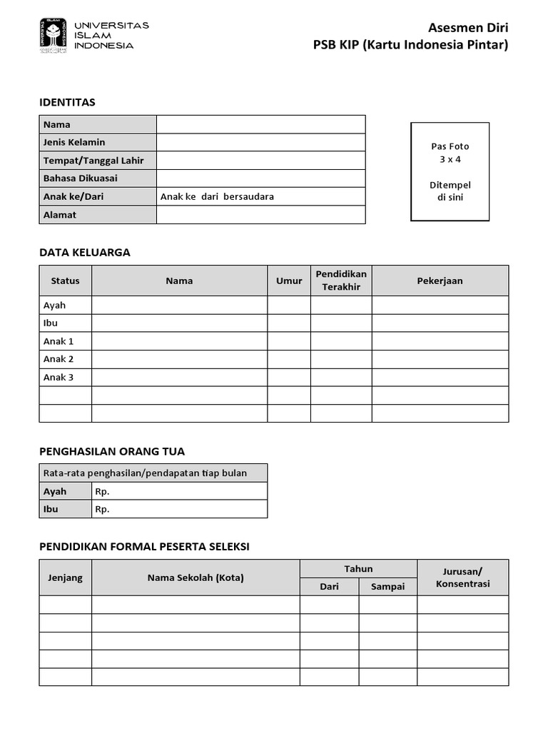 Form Asesmen Diri PSB Beasiswa KIP | PDF