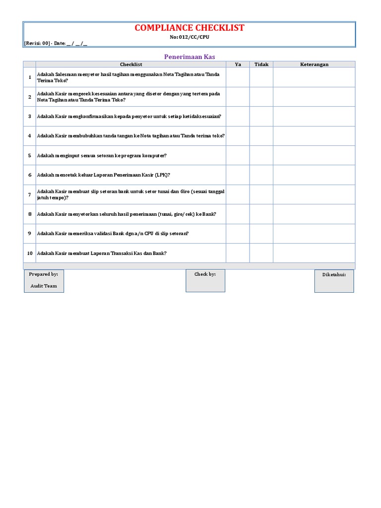 Checklist Penerimaan Kasir | PDF | Pengelolaan Keuangan & Uang ...