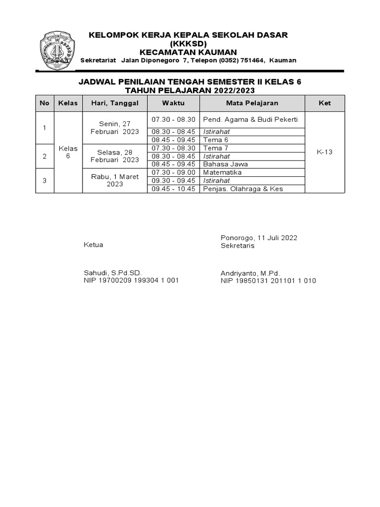 Jadwal PTS 2 2022-2023 - Kls 6 - Revisi | PDF